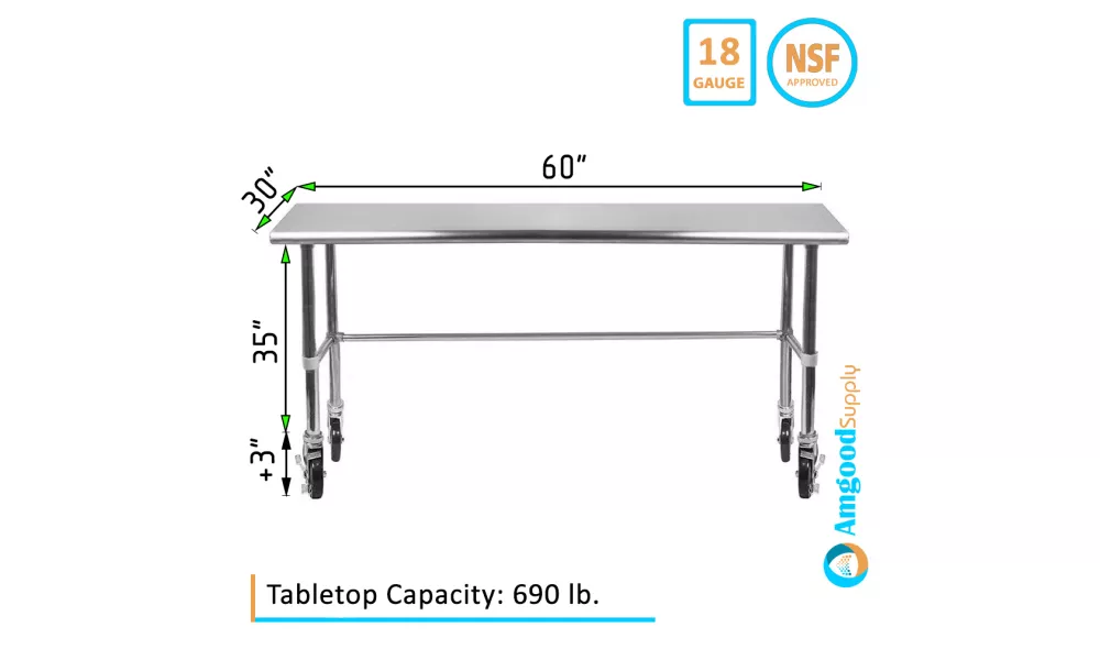 30" X 60" Stainless Steel Work Table With Open Base & Casters