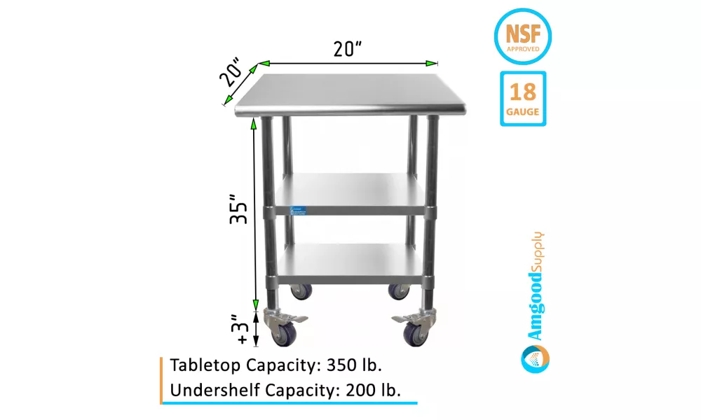 20" X 20" Stainless Steel Work Table with 2 Shelves and Wheels