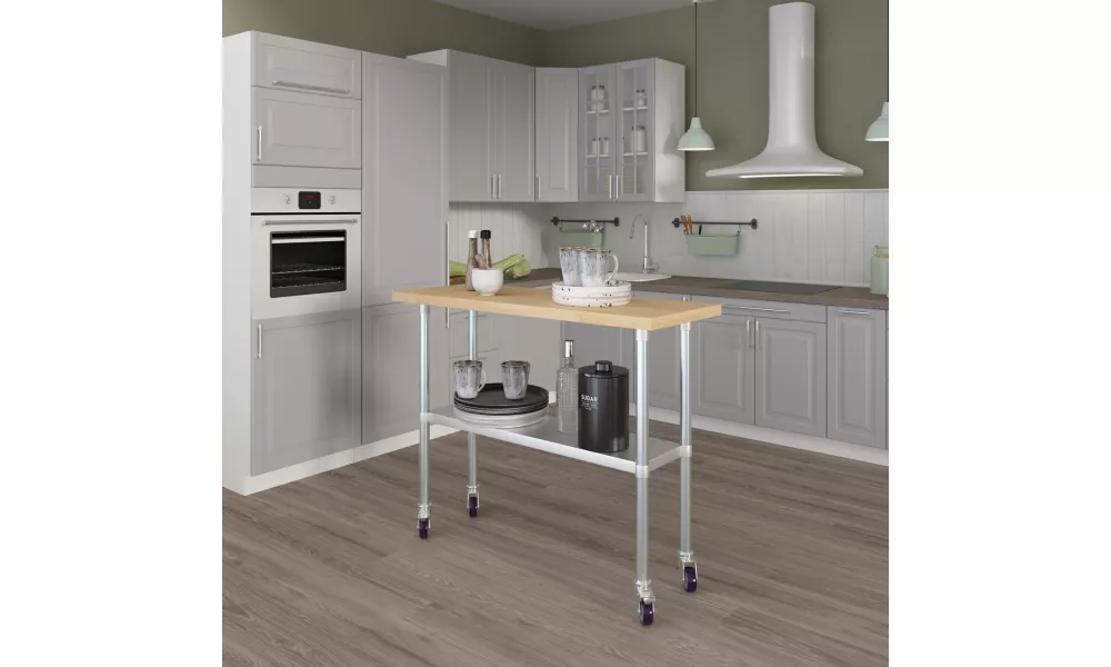 18" x 48" Maple Wood Top Work Table with Adjustable Undershelf and Wheels