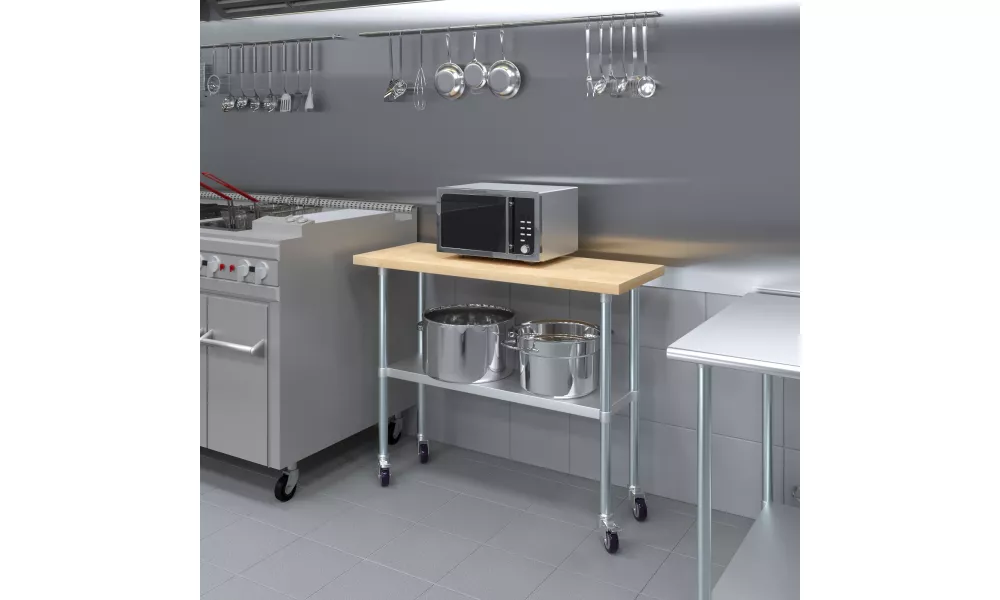 18" x 48" Maple Wood Top Work Table with Adjustable Undershelf and Wheels